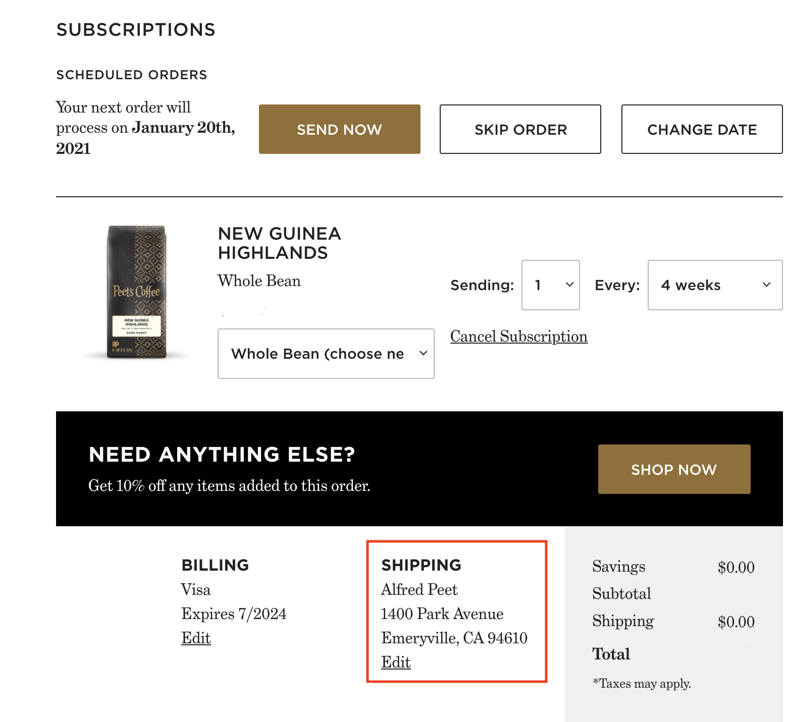 How do I update my shipping address? – Peet's Coffee