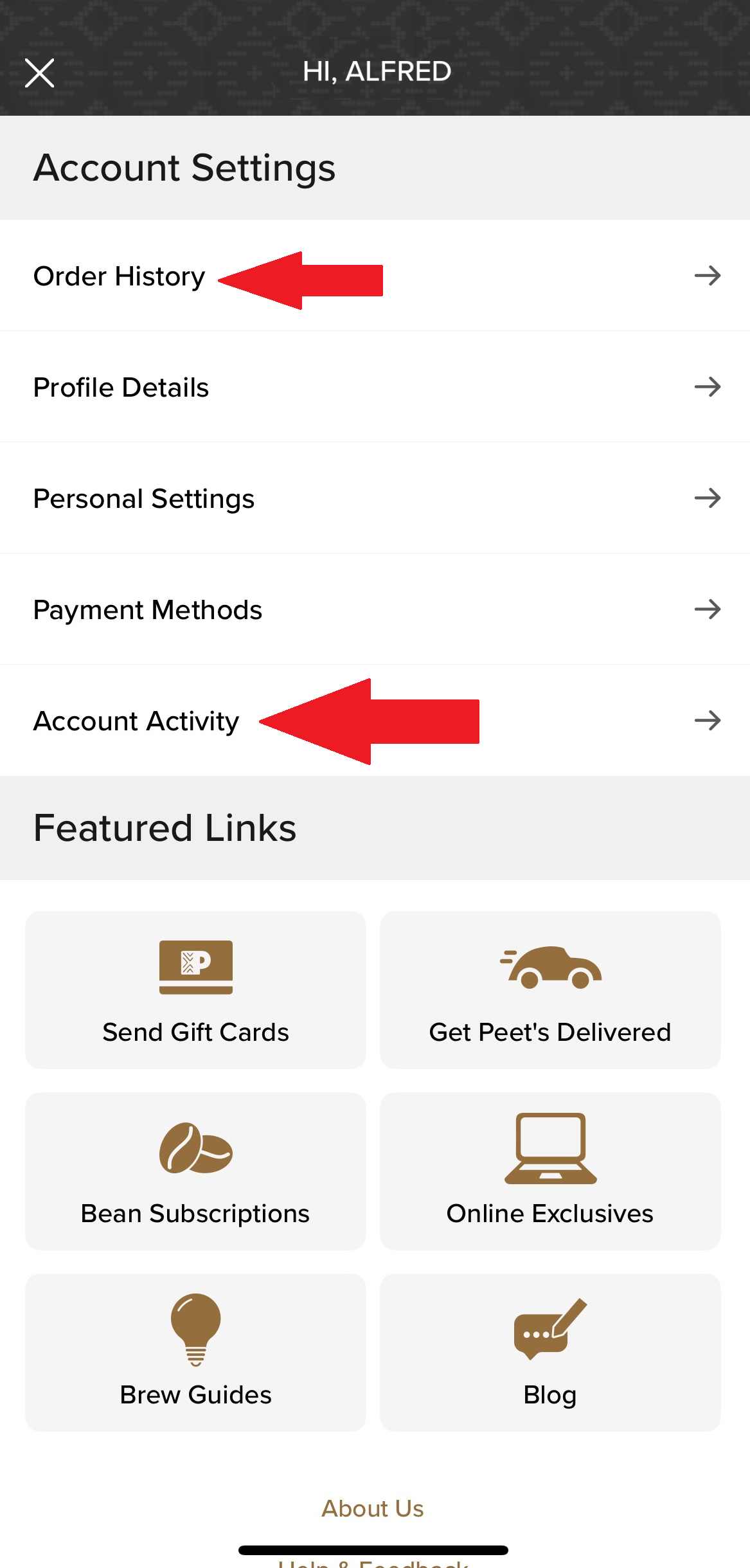 How can I review my transaction history in the app? – Peet's Coffee